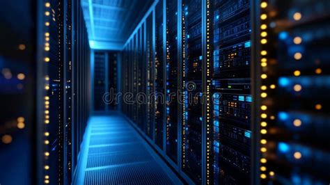Modern Data Center Server Room Technology Blue Light Digital Network Web Cloud Racks Power