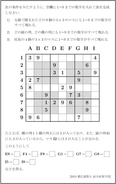 2013年 慶応義塾大学 総合政策学部 第4問 2012年 慶応義塾大学 薬学部 第1問 慶応は数独ナンプレがお好き 受験の月
