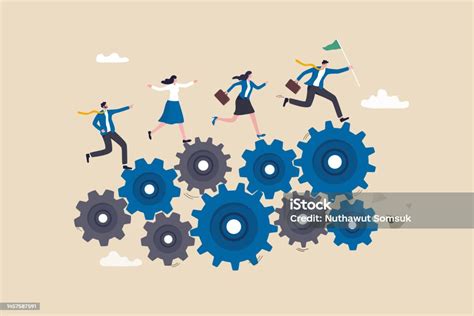 조직 효율성 개발 및 워크플로 팀 성공을 위한 비즈니스 전략 회사 시스템 및 리소스 개념 회전하는 톱니바퀴 또는 기어로 비즈니스를 추진하는 비즈니스 사람들 개념에 대한 스톡