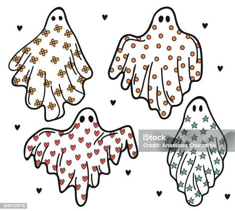 화려한 시트에 귀여운 유령입니다 평면 만화 스타일의 벡터 그림입니다 귀신에 대한 스톡 벡터 아트 및 기타 이미지 귀신 패턴