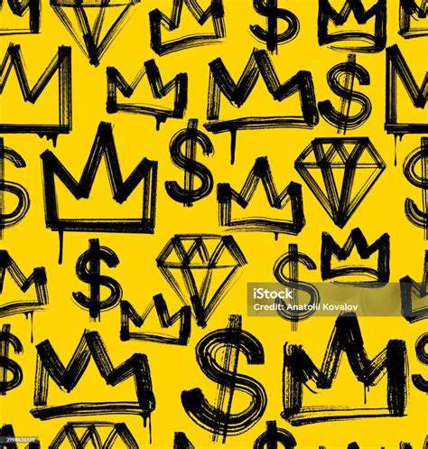 그런 지 검은 왕관 달러 및 다이아몬드 기호는 노란색 배경에 고립 된 건조한 브러시로 그려져 있습니다 거리 낙서 완벽 한 패턴입니다 그런 지 질감입니다 벡터 평면 그래픽 손