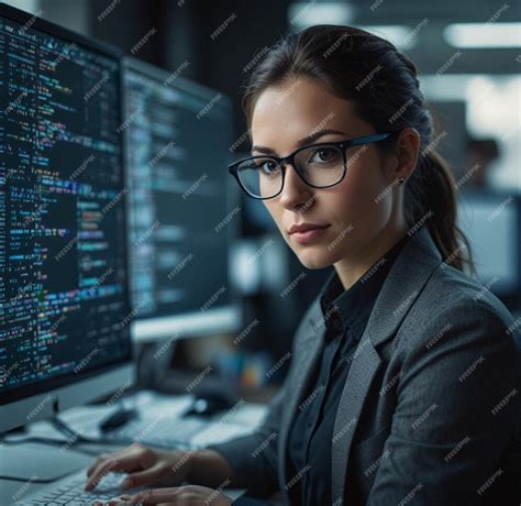 premium photo a woman sits at a computer with the word code on the screen