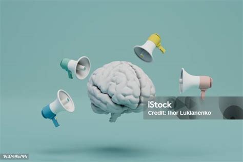 정보가 뇌에 미치는 영향 그 주위의 뇌는 청록색 배경에 확성기입니다 3d 렌더링 뇌에 대한 스톡 사진 및 기타 이미지 뇌 소음 휴대용 마이크 Istock