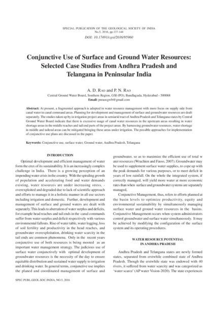 Conjunctive Use Of Surface And Ground Water Resources Selected Case