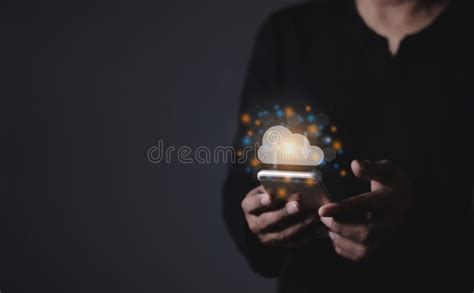 Young Man With Smartphone Mobile Hand Touching To Cloud Computing Diagram Data Storage Cloud
