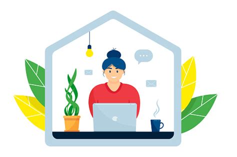 한 젊은 미소 짓는 여성이 노트북과 함께 앉아 있다 가정에서 원격 작업의 개념 프리랜서 거리 교육 E러닝 플랫 만화 스타일의 귀여운 벡터 일러스트레이션 벡터 일러스트레이션