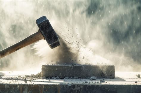 Sledgehammer Impact On Concrete Slab In Construction Site With Dust And Debris Explosion