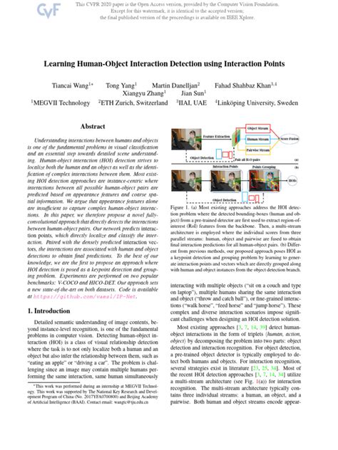 Wang Learning Human Object Interaction Detection Using Interaction Points Cvpr 2020 Paper Pdf