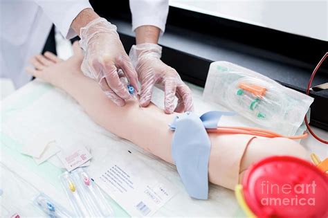 Doctor Practising Inserting An Iv Line Photograph By Science Photo