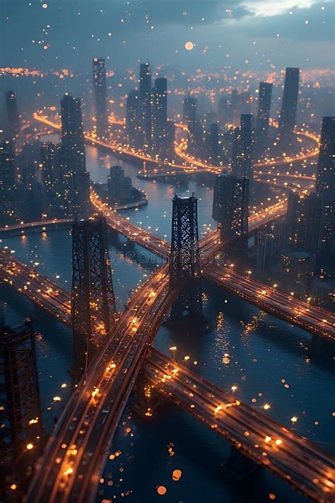 Modern City Skyline At Night Illustration Portrait Images Generative