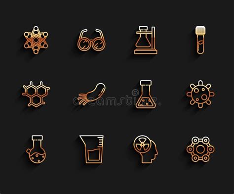 Set Line Test Tube And Flask Chemical Laboratory Glassware Or Beaker Atom Human Head