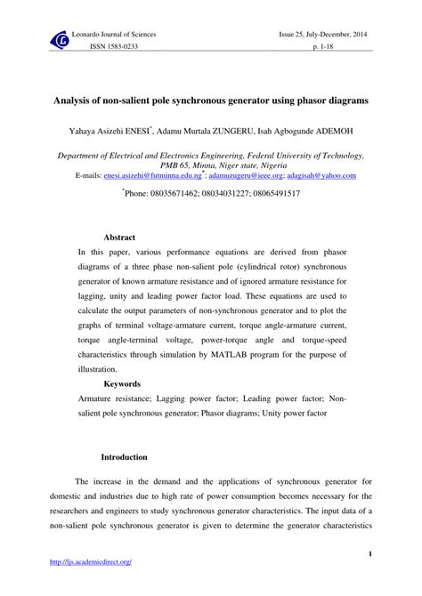 Pdf Analysis Of Non Salient Pole Synchronous Generator Using Phasor Diagrams