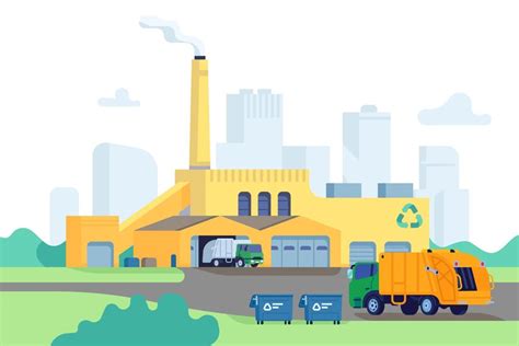 폐기물 공장 건물 쓰레기 처리의 소각 및 재활용 쓰레기 운송 및 선적 환경 오염 쓰레기 활용 산업 공장 벡터 개념 프리미엄 벡터