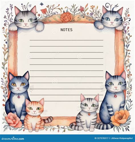 Lined Note Writing Paper With Cats And Foliage Drawing Frame Pattern
