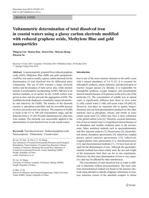 Pdf Voltammetric Determination Of Total Dissolved Iron In Coastal Waters Using A Glassy Carbon