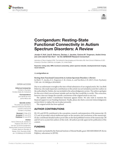 Pdf Corrigendum Resting State Functional Connectivity In Autism Spectrum Disorders A Review