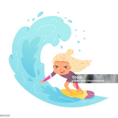 소녀 서퍼 플랫 일러스트 물 활동 파도에 서핑 보드와 함께 타고 젊은 백인 여성 서핑 스포츠 바다 리조트 휴가 관광 만화 캐릭터 여름 방학 색상 벡터 서핑 수상 스포츠에