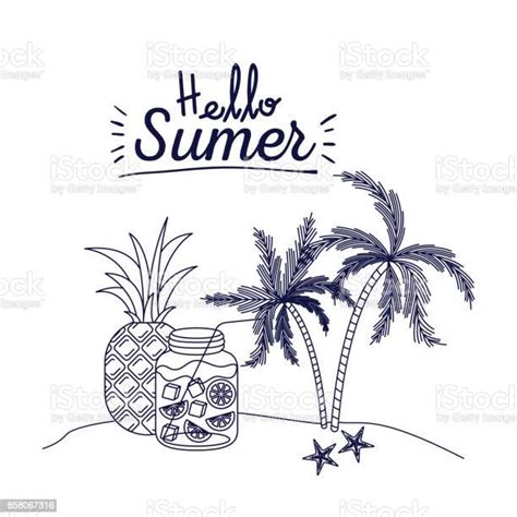 안녕하세요 여름의 야자수 파인애플 과일 및 감귤 류 음료 병의 블루 실루엣 포스터 0명에 대한 스톡 벡터 아트 및 기타 이미지
