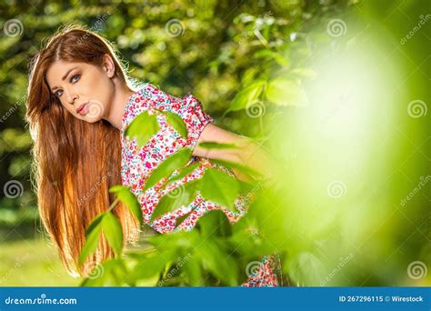 Red Head Lingerie Model Posing Outdoors Stock Image Image Of Caucasian Eyes