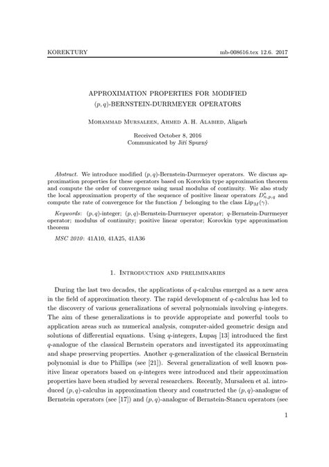 Pdf Approximation Properties For Modified P Q Bernstein Durrmeyer Operators