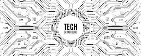 흰색 배경에 검은색 회로 라인과 전자 요소를 특징으로 하는 기술 배경 Ui 및 Gui 인터페이스 설계를 위한 전자 시스템이 있는 디지털 회로 기판 벡터 0명에 대한 스톡