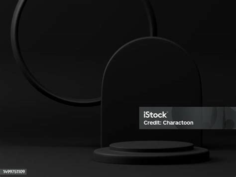 3d 렌더링 최소한의 검은색 테마 제품 디스플레이 받침대 연단은 빈 배경에 원형 벽 패널이 있습니다 3d 쇼케이스 모형 3차원 형태에 대한 스톡 사진 및 기타 이미지
