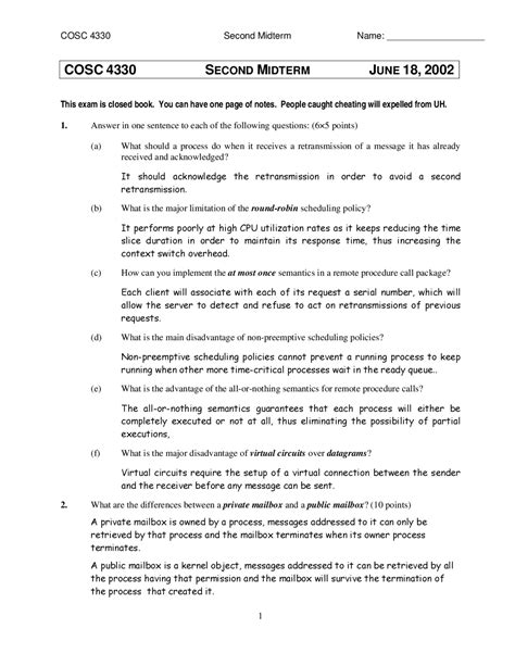 6 Questions Of Fundamentals Operating System Midterm Exam Cosc 4330 Docsity