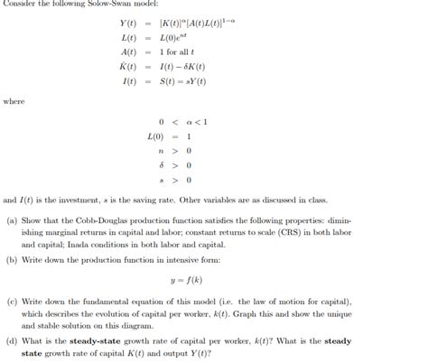 Solved Consider The Following Solow Swan Model