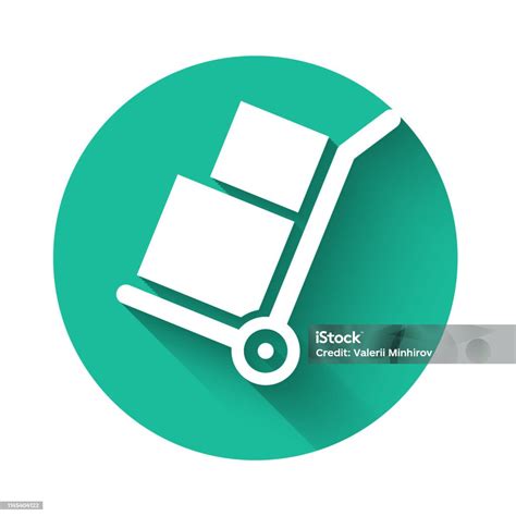 긴 그림자와 고립 된 흰색 손 트럭과 상자 아이콘입니다 돌리 기호입니다 녹색 원 버튼을 클릭 합니다 벡터 일러스트 배경 주제에 대한 스톡 벡터 아트 및 기타 이미지 Istock