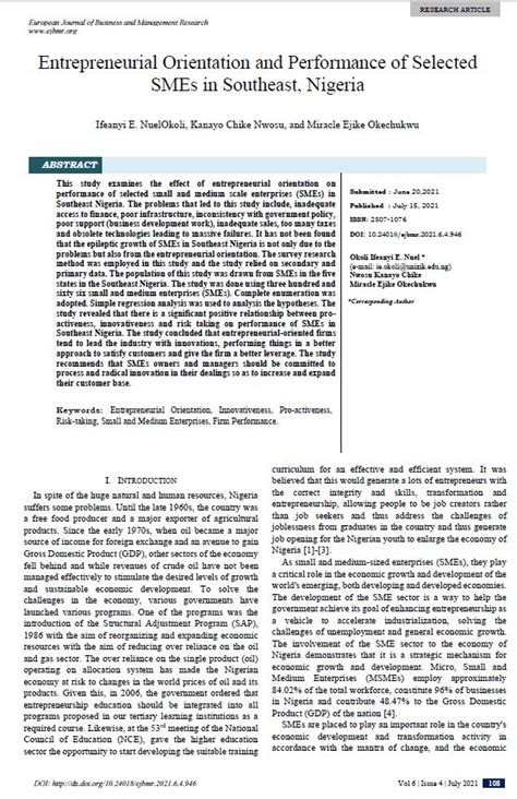 Entrepreneurial Orientation And Performance Of Selected Smes In Southeast Nigeria European