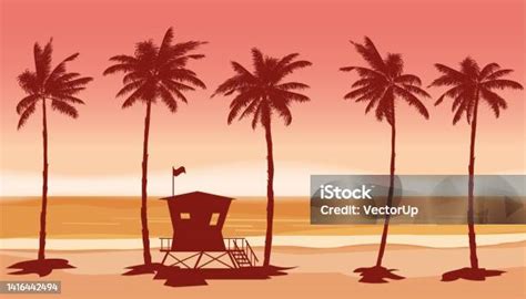 라이프 가드 타워 역이있는 해변 풍경 야자수 바다 바다 해안 전망 캘리포니아에 대한 스톡 벡터 아트 및 기타 이미지