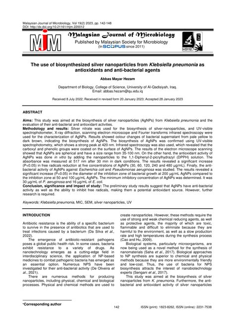 Pdf The Use Of Biosynthesized Silver Nanoparticles From Klebsiella