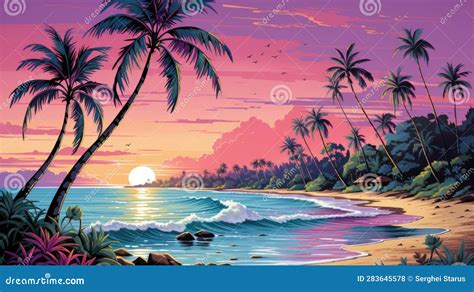 A Painting Of A Tropical Beach With Palm Trees Generative Ai Image