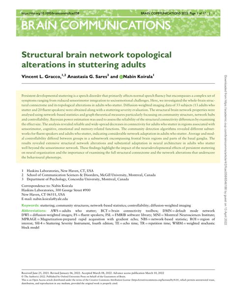 Pdf Structural Brain Network Topological Alterations In Stuttering Adults