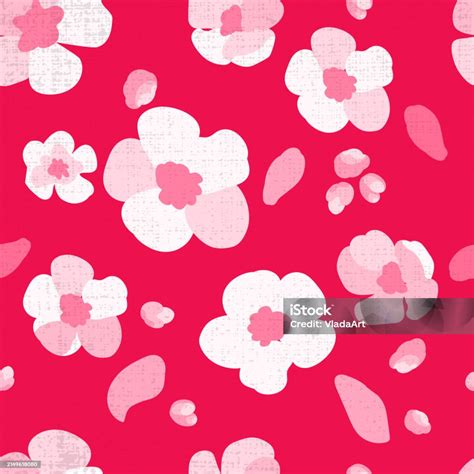 완벽 한 패턴 전통적인 사과 나무 가지 꽃 빨간 배경 텍스처 손으로 그린 민속 화이트 핑크 꽃잎 데이지 잎 밝은 장식 벡터 플랫 0명에 대한 스톡 벡터 아트 및 기타 이미지