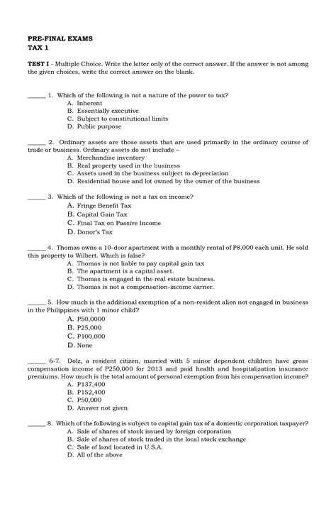 SOLUTION Tax Pre Final Exam With Answer Key Tax 1 Studypool