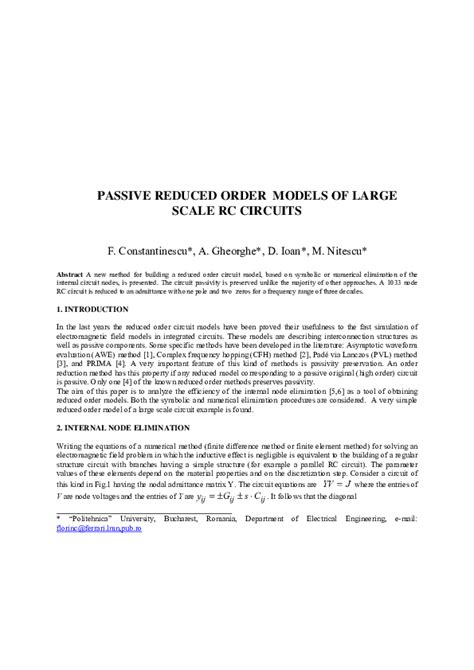 Pdf Passive Reduced Order Models Of Large Scale Rc Circuits