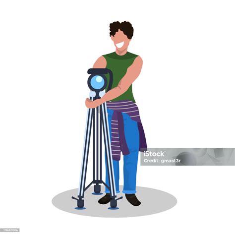 삼각대 여성 캐릭터 서 및 촬영 전문 직업 개념 만화 캐릭터 전체 길이 평면 흰색 배경 카메라와 함께 사진 촬영 여자 사진 작가 개념에 대한 스톡 벡터 아트 및 기타 이미지