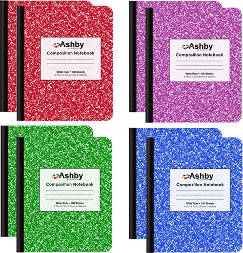 Ashby 8 Pack Wide Ruled Composition Notebook With Stitched Binding For