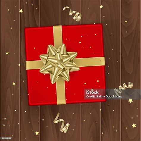빨간 선물 상자 평면도 황금 활 벡터 일러스트 레이 션과 나무 배경에 선물 상자 12월에 대한 스톡 벡터 아트 및 기타 이미지 12월 공휴일 금색 Istock