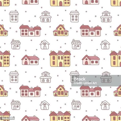 아이들을 위한 이음매 없는 패턴 귀여운 낙서 집과 눈송이가 있는 끝없는 배경 아기 옷 벽지 또는 침구에 대한 간단한 귀여운 인쇄 어린이 침실 또는 보육원 디자인을위한 삽화