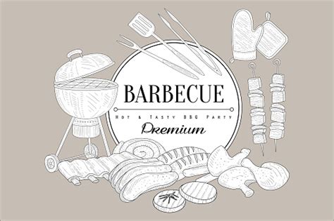 벡터 밑그림 그릴 요리 음식 케밥 닭 다리 갈비 스테이크 쇠고기 돼지고기 소시지와 텍스트에 대 한 장소를 위한 주방 용품 뜨겁고 맛 있는 먹고입니다 바베 큐 테마 고기에
