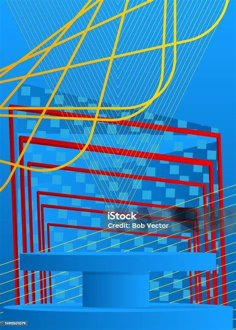 파란색 빨간색 및 노란색 제품 디스플레이 모형 실린더 받침대 연단 프레젠테이션을 위한 현실적인 무대 쇼케이스 추상적인 최소 기하학적 형태 벡터 빈 장면 방입니다 0명에 대한