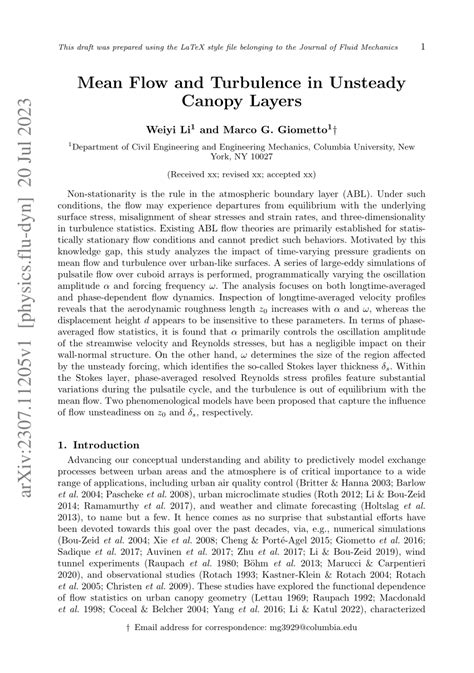 Pdf Mean Flow And Turbulence In Unsteady Canopy Layers