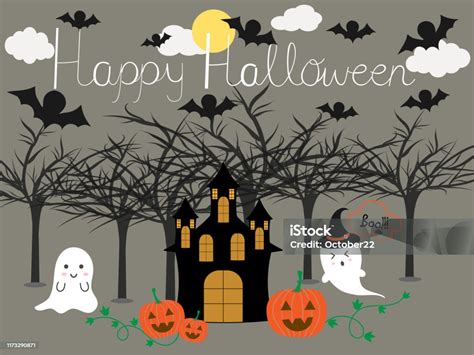 보름달과 구름 귀여운 흰색 유령 나무 집이나 성 오렌지 호박과 비행 박쥐로 장식 할로윈 밤 배경 할로윈 파티에 대한 일러스트 벡터 아트 디자인 벽지 10월에 대한 스톡 벡터
