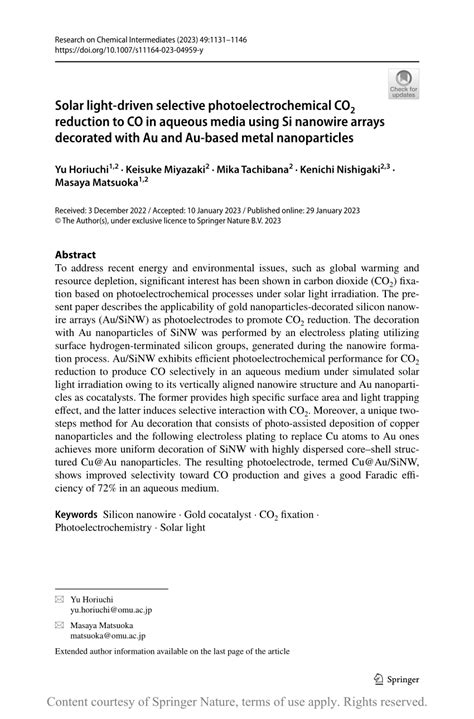 Solar Light Driven Selective Photoelectrochemical Co2 Reduction To Co In Aqueous Media Using Si