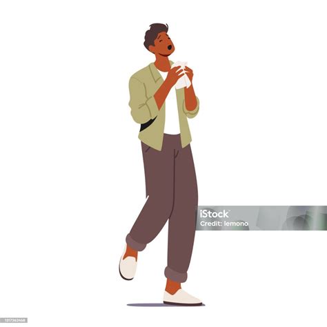 독감 및 인플루엔자 질환 증상 아픈 남자 재채기 콧물 콧물과 물티슈에 기침과 병든 남성 캐릭터 병원에 대한 스톡 벡터 아트 및