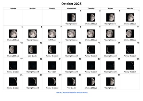 October 2025 Moon Phases Calendar Custom Calendar Maker