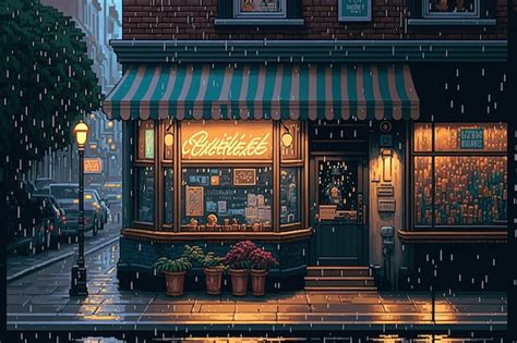 8비트 게임 Ai를 위한 복고풍 스타일의 비오는 날 배경의 픽셀 아트 커피숍 앞 장면 프리미엄 사진