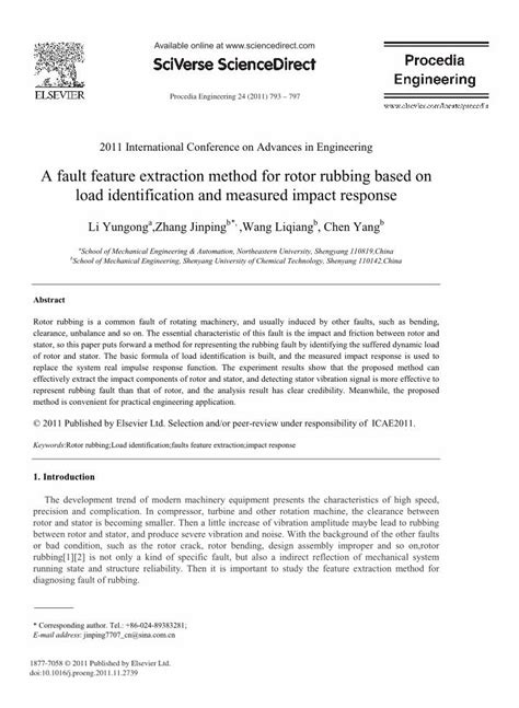 pdf a fault feature extraction method for rotor rubbing based on load